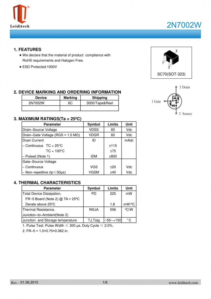 2N7002W datasheet page 1