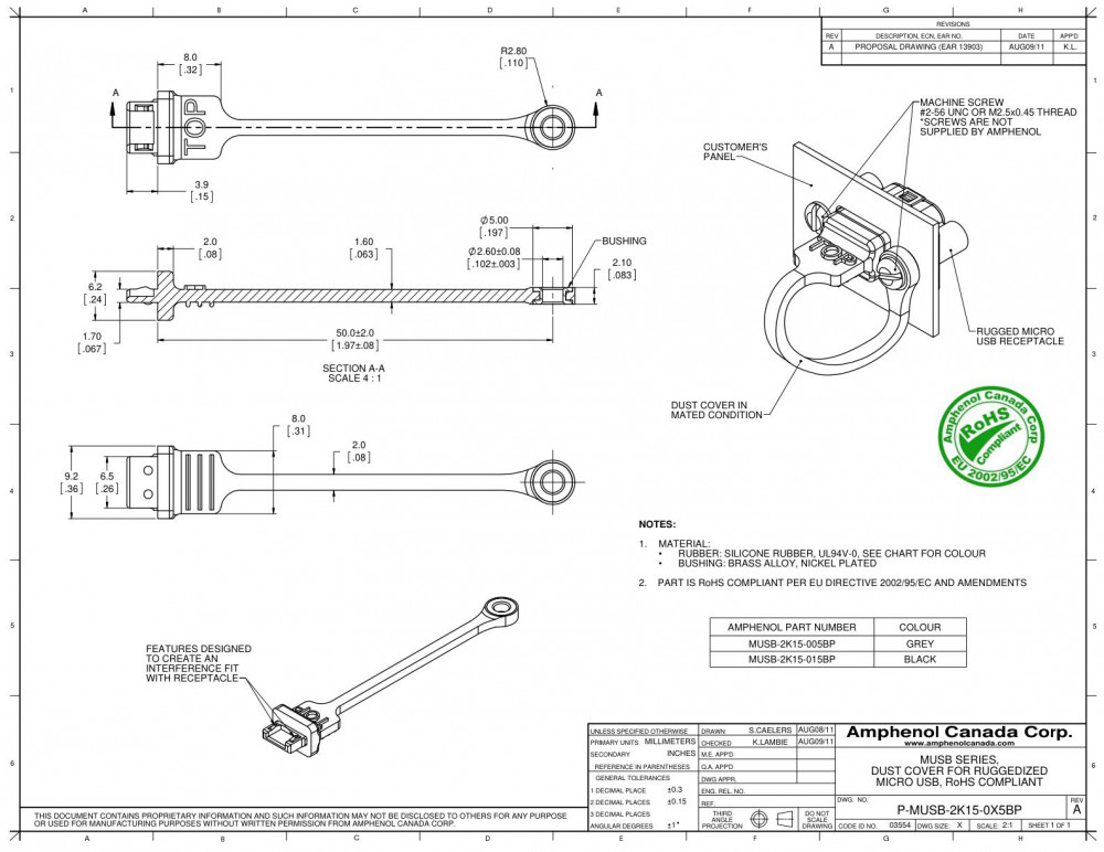 MUSB Series ruggedized Micro USB dust cover drawing