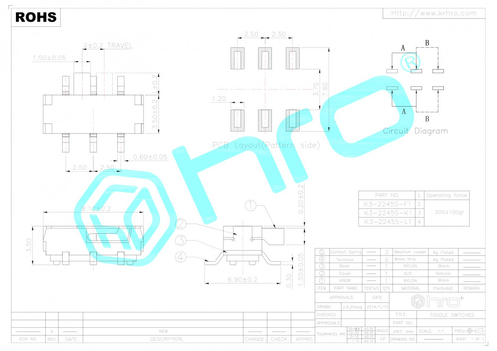 K3-2245S-F1 toggle switch technical drawing