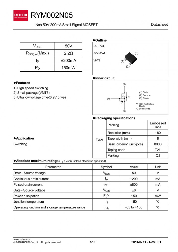 RYM002N05T2CL datasheet page 1