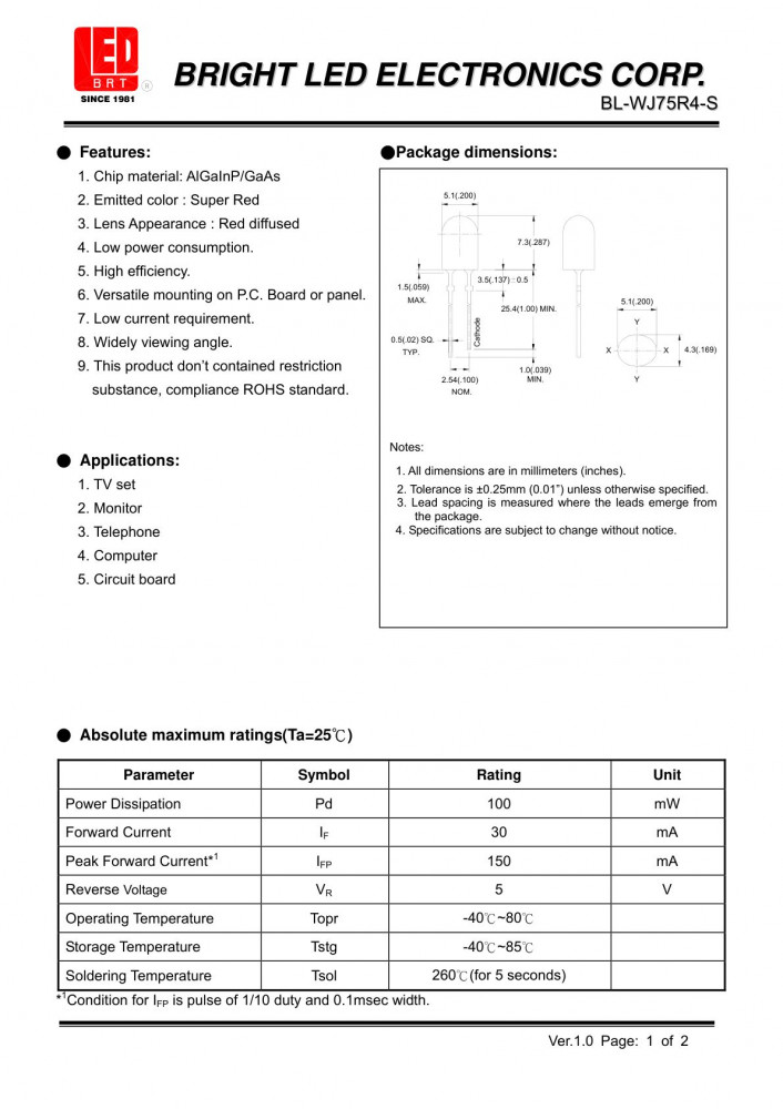 BL-WJ75R4-S datasheet page 1
