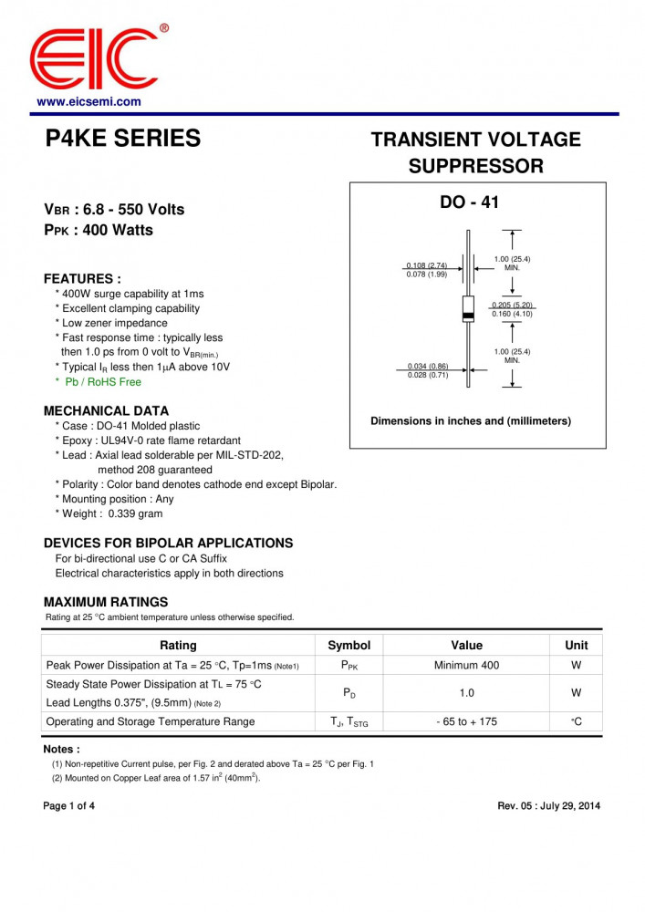 EIC P6KE series datasheet page 1