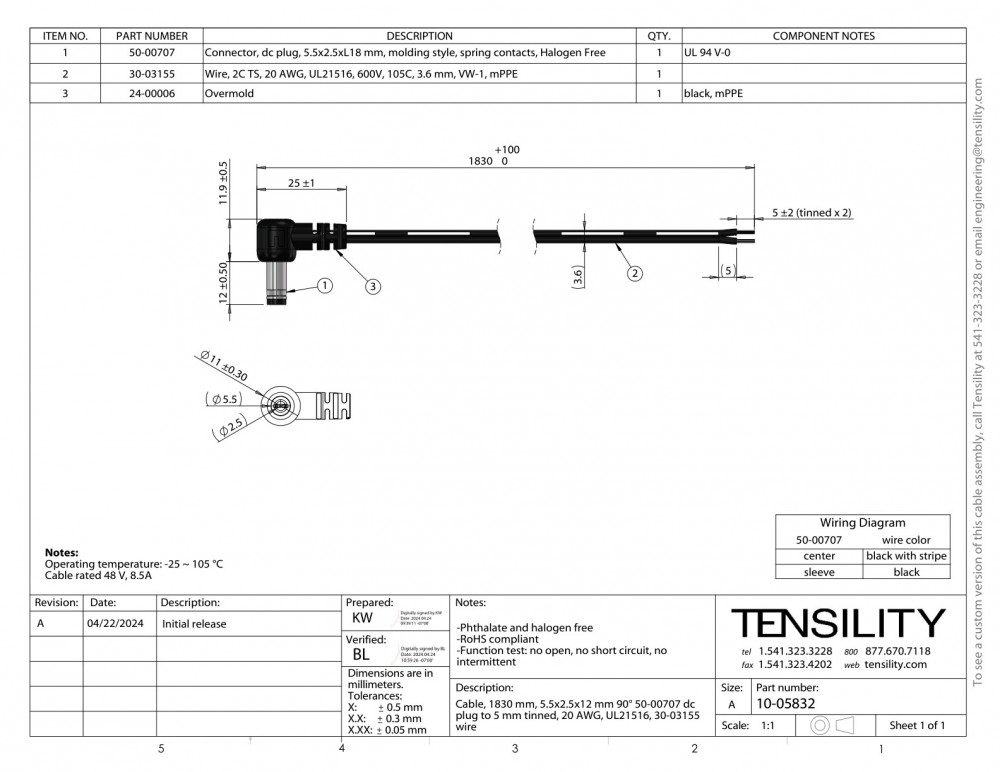 Tensility International 10-05832 cable assembly drawing
