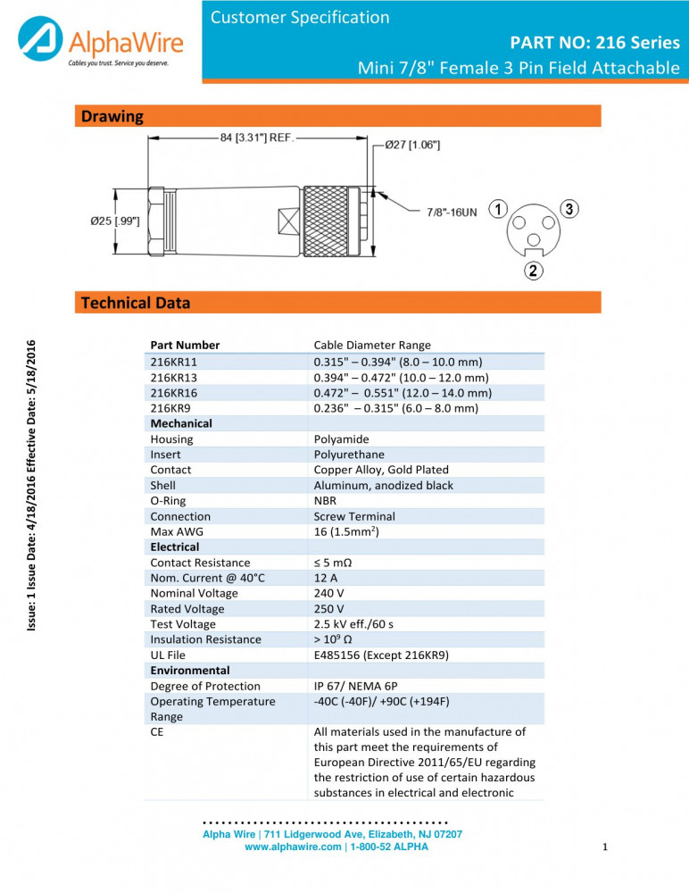 Alpha Wire 216KR11 NC032 technical document page 1