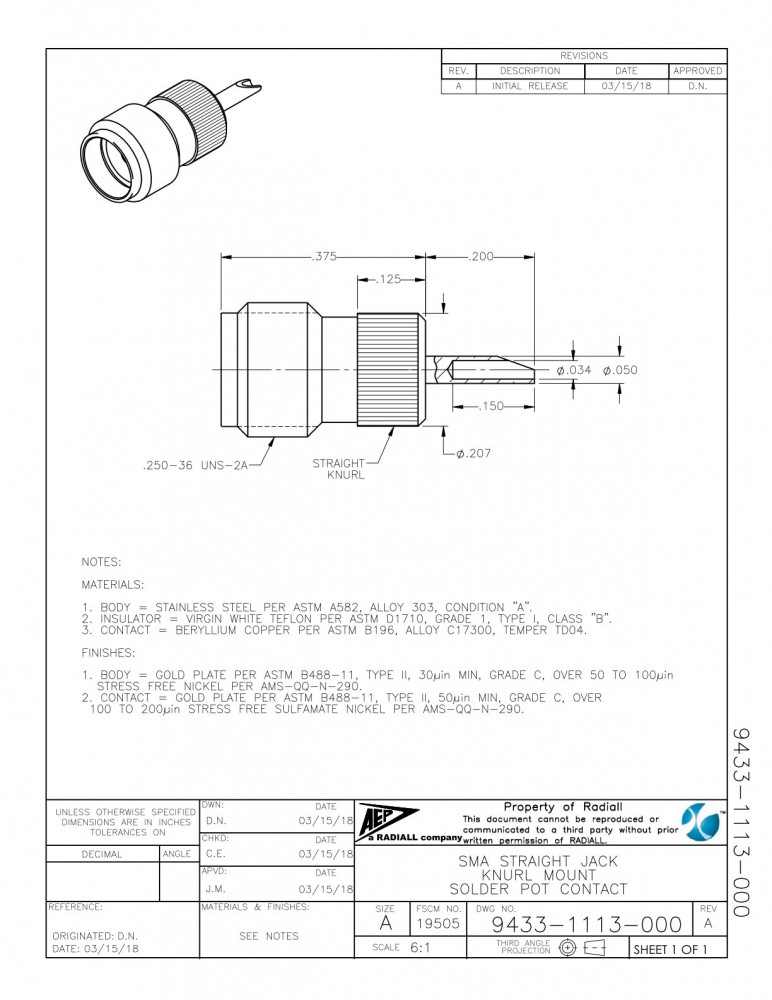 Radiall 9433-1113-000 technical drawing page