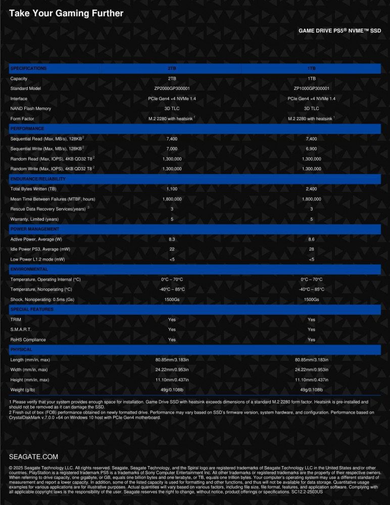 Seagate Game Drive PS5 NVMe SSD technical document page 3