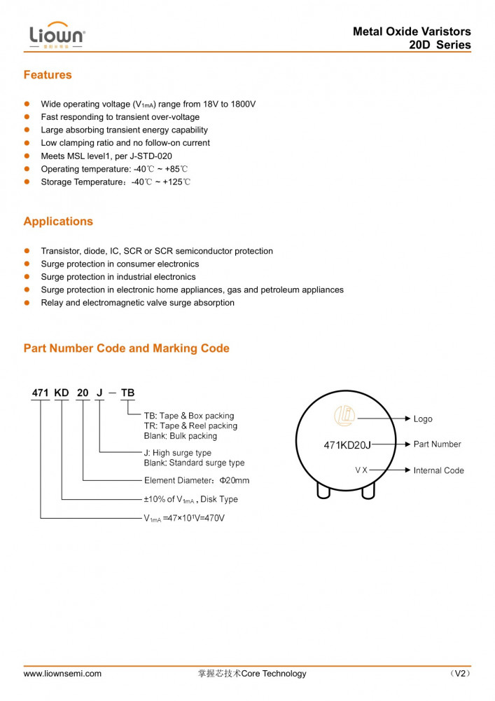 Liown MOV datasheet page 1