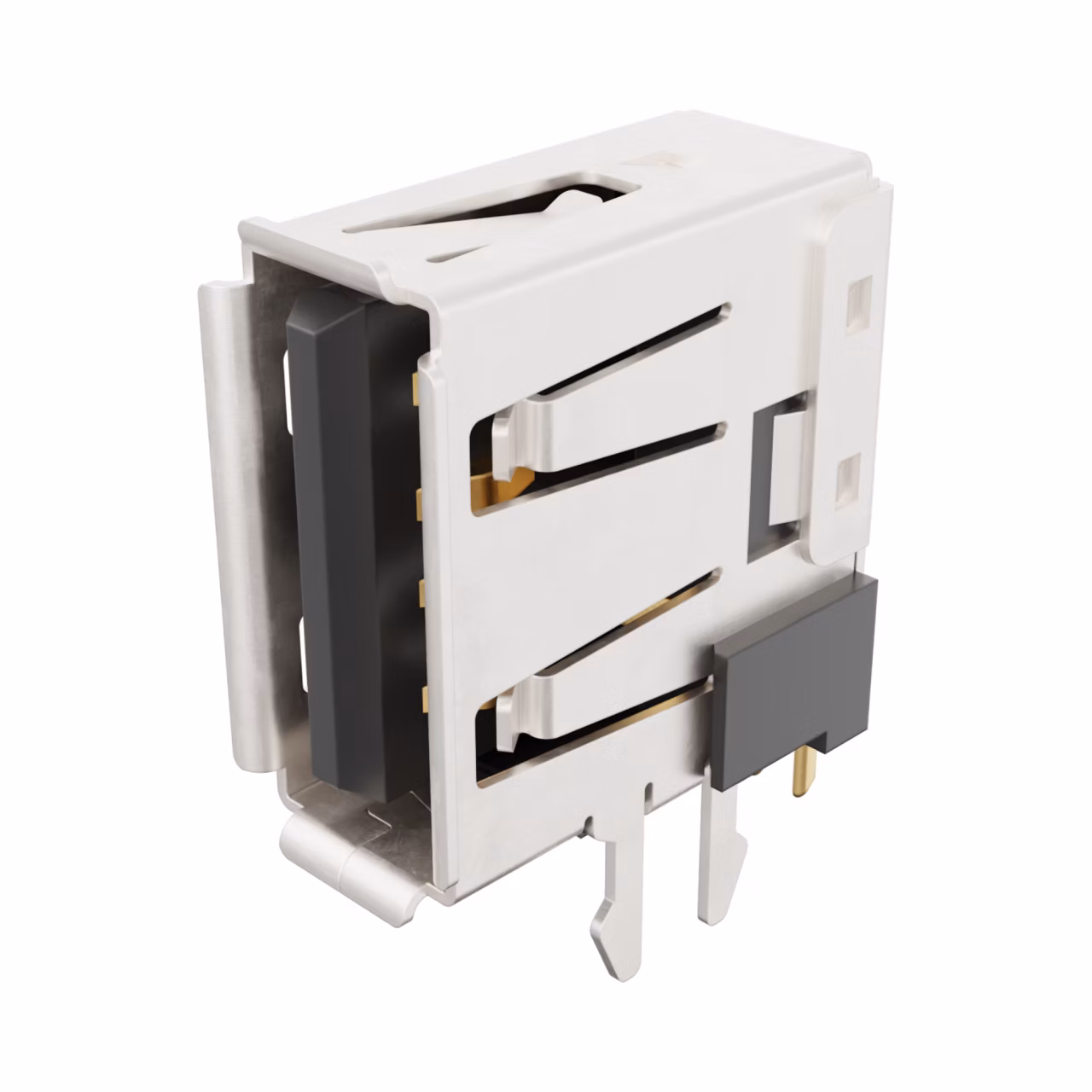 Universal Serial Bus (USB) Shielded I/O Receptacle, Type A Single Upright Right-Angle, Solder Tail Length 2.00mm, 3.65mm Beveled Metal Pins, PCB Thickness 1.60mm, 0.76µm Gold (Au) Plating, Lead-Free for sale