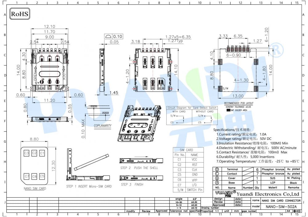 YUANDI NANO-SIM-502A technical drawing