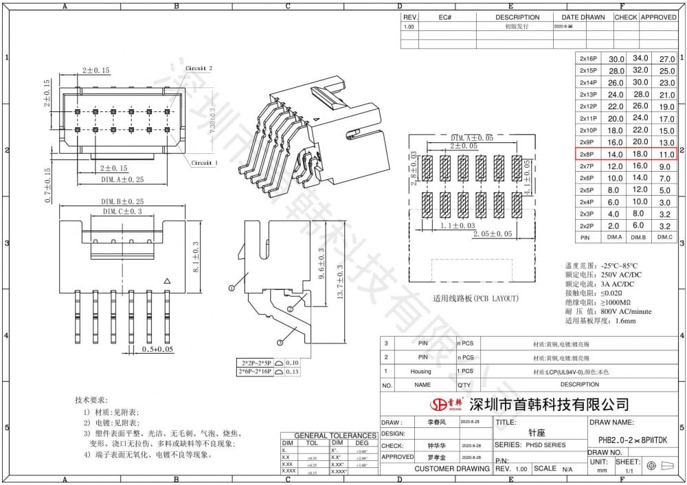 PHB2.0-2x8PWTDK specification page 1