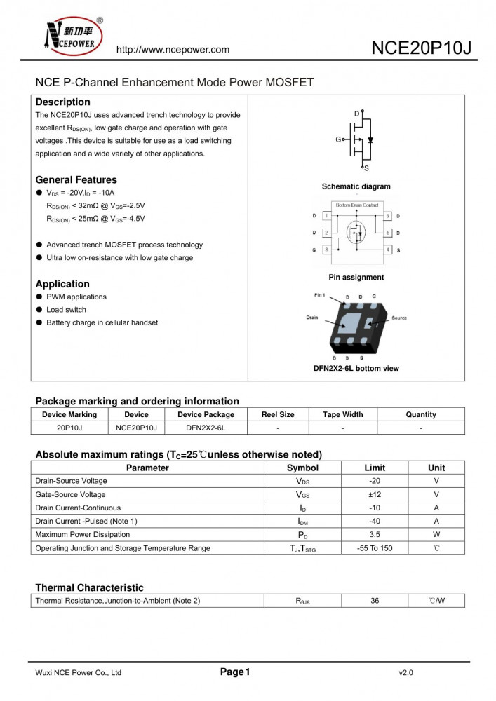 NCE20P10J datasheet page 1