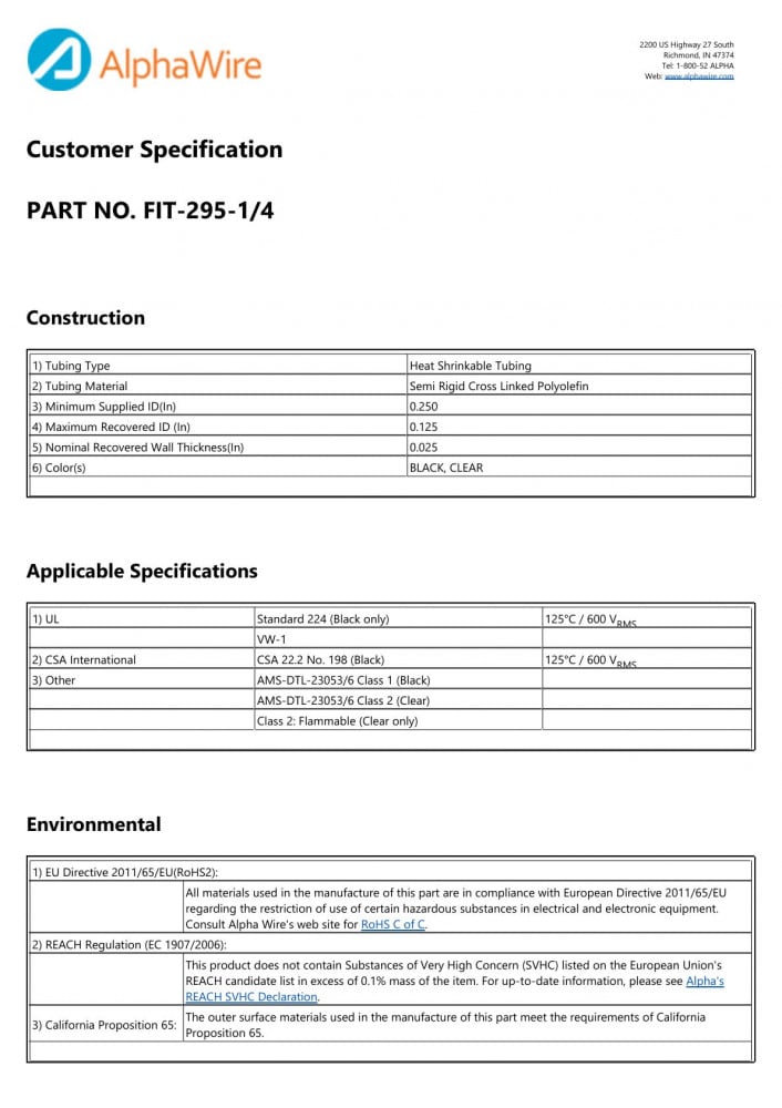 Alpha Wire FIT-295-1/4 technical document page 1