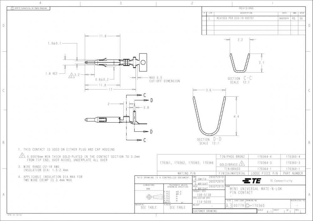 TE Connectivity 170360 controlled customer drawing preview