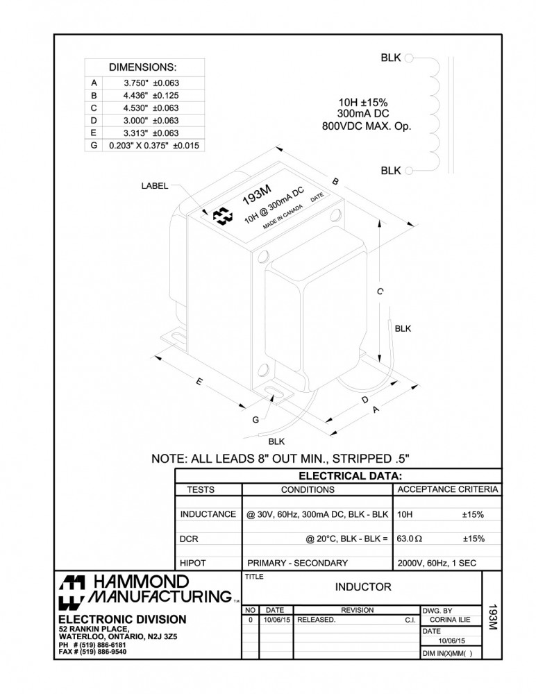 Hammond 193M inductor technical drawing