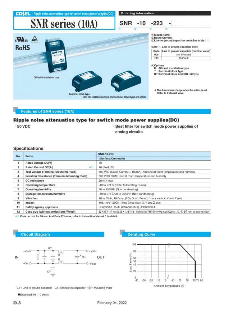 Cosel SNR-10-000-D technical specification page