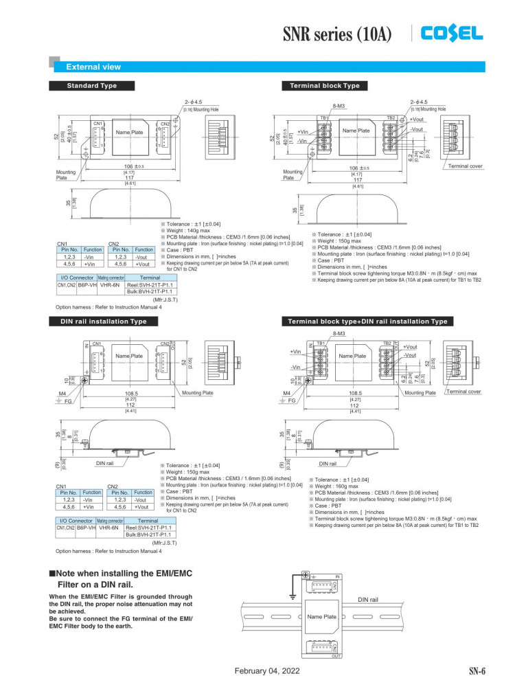 Cosel SNR-10-000-D external view and terminal information