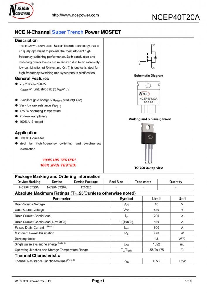NCEP40T20A datasheet page 1