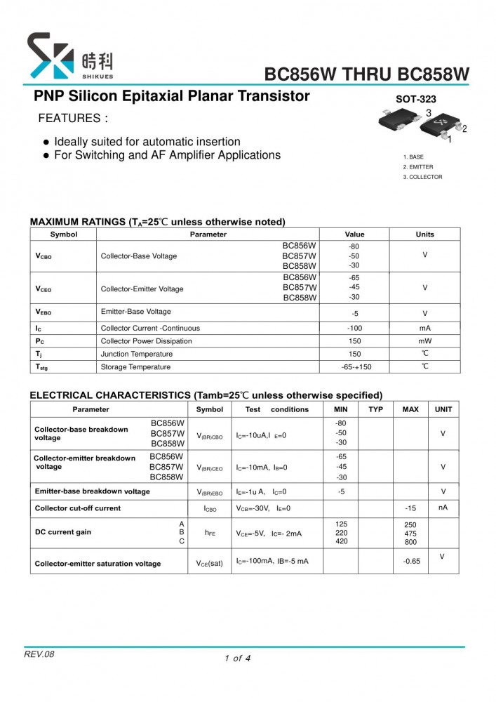 BC856BW datasheet page 1