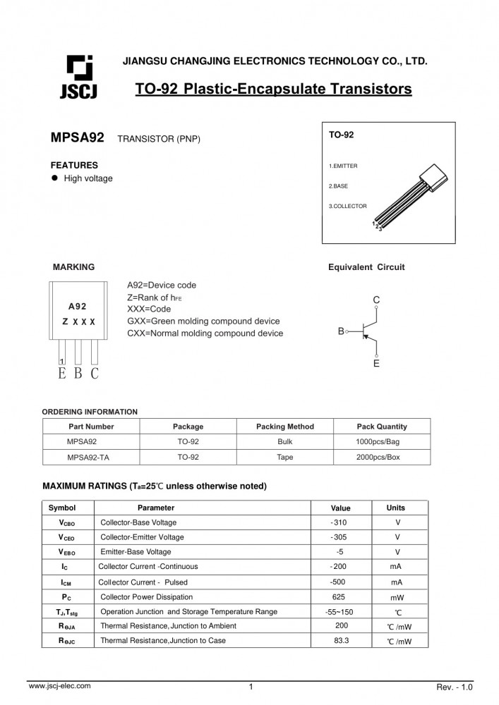 MPSA92-TA datasheet page 1