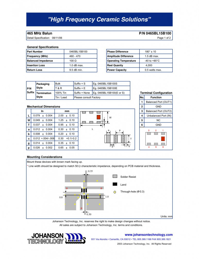 0465 MHz balun datasheet page 1