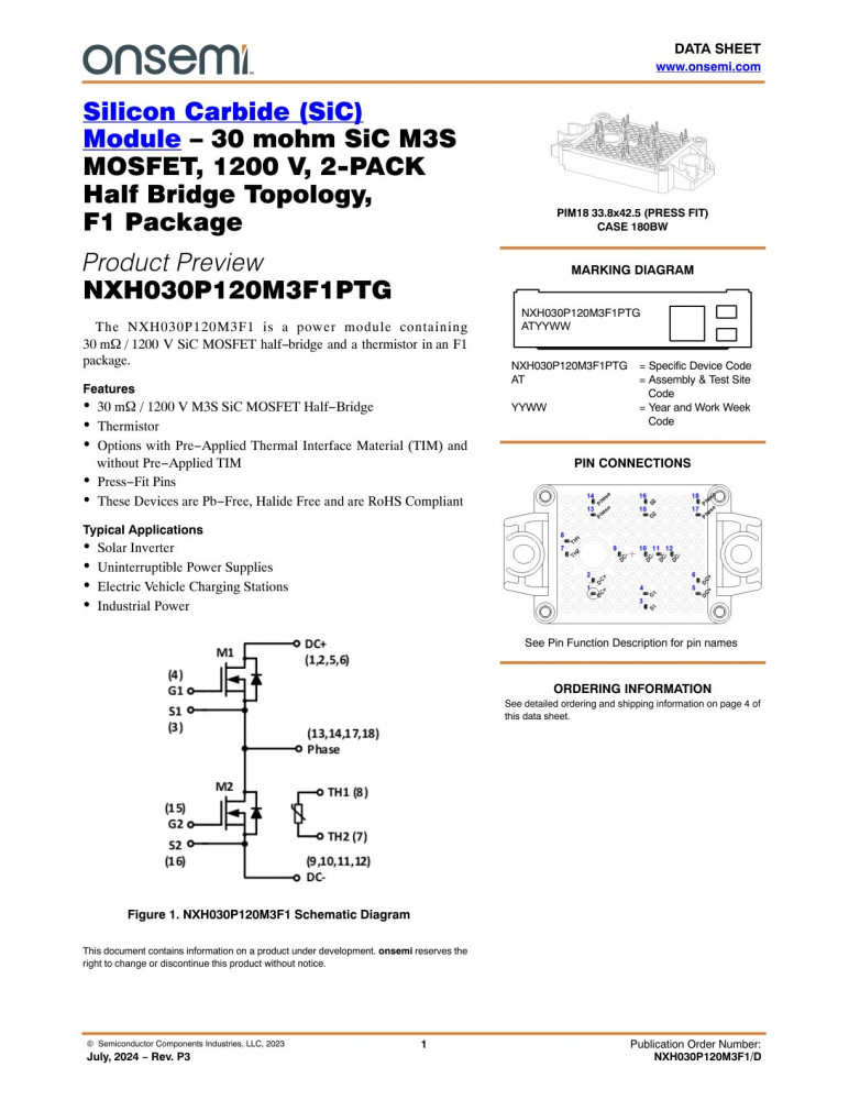NXH030P120M3F1PTG datasheet preview, page 1
