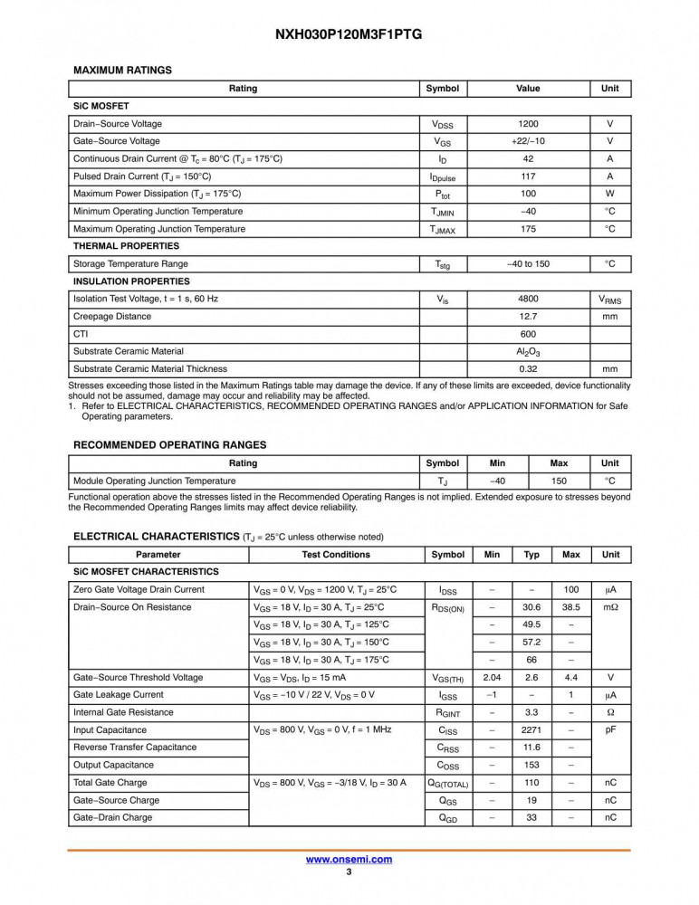NXH030P120M3F1PTG datasheet preview, page 3