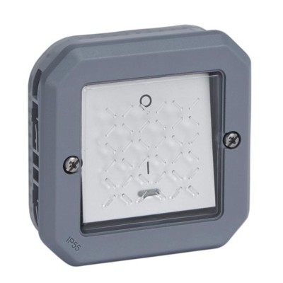 Plexo - Illuminated time delay switch - Grey mechanism - IP55 IK08 impact resistant - 250V AC 8A 0.25min to 15min adjustable timer