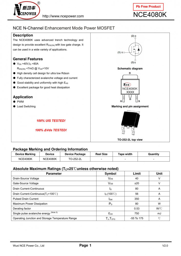 NCE4080K datasheet page 1