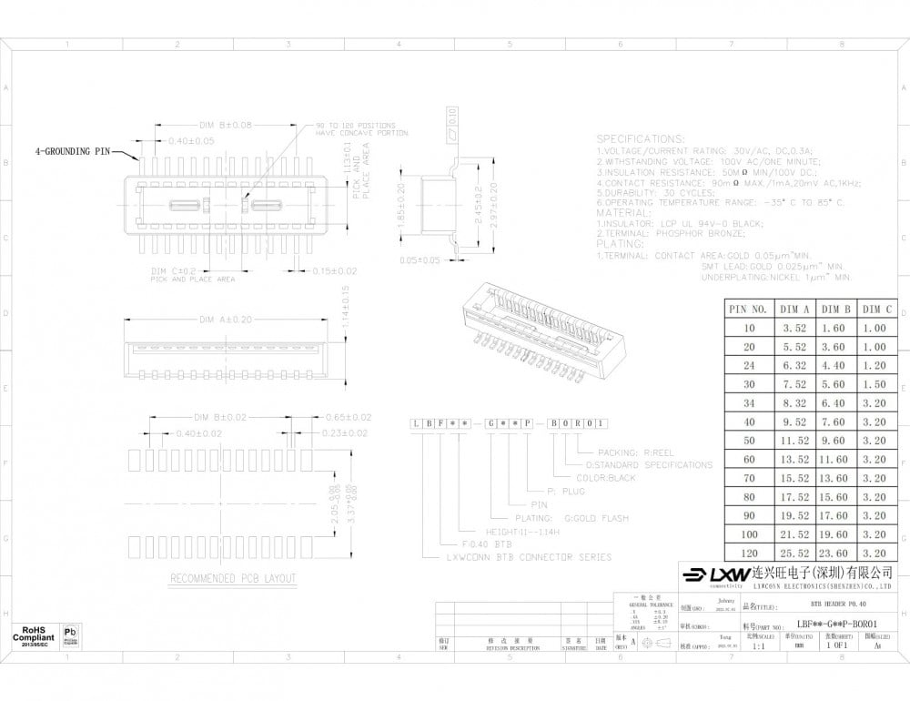 LXWCONN LBF11-G100P-B0R01 technical drawing page 1