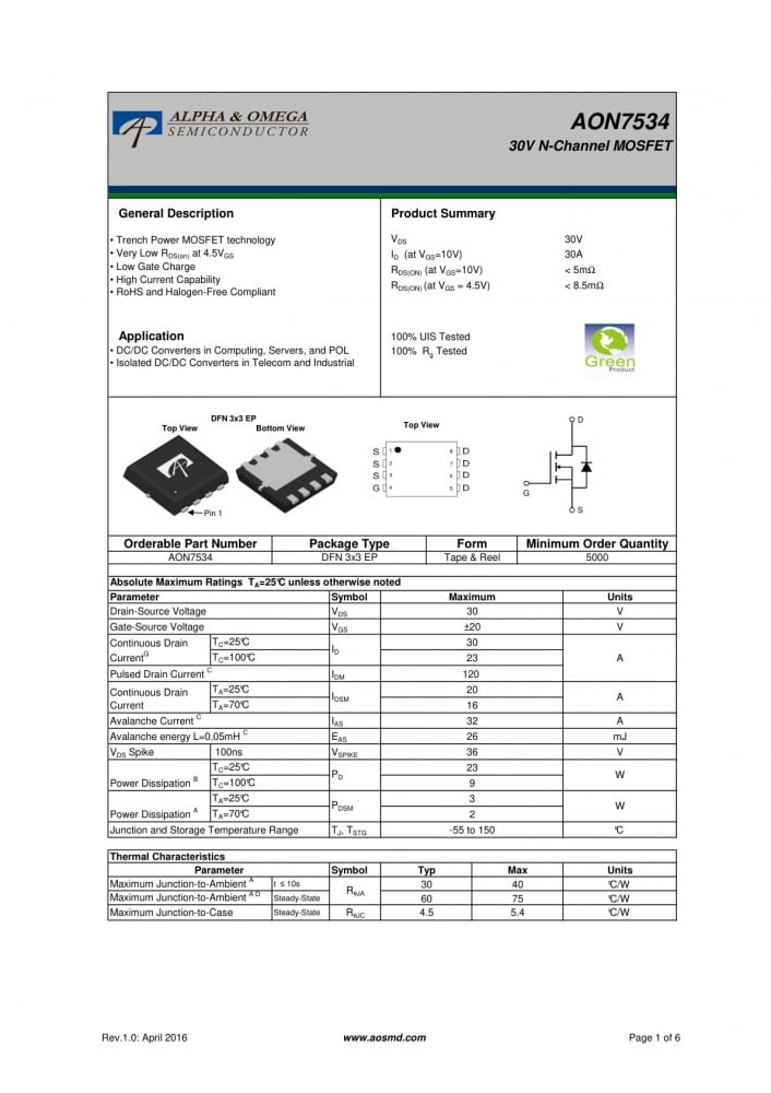 AON7534 datasheet page 1
