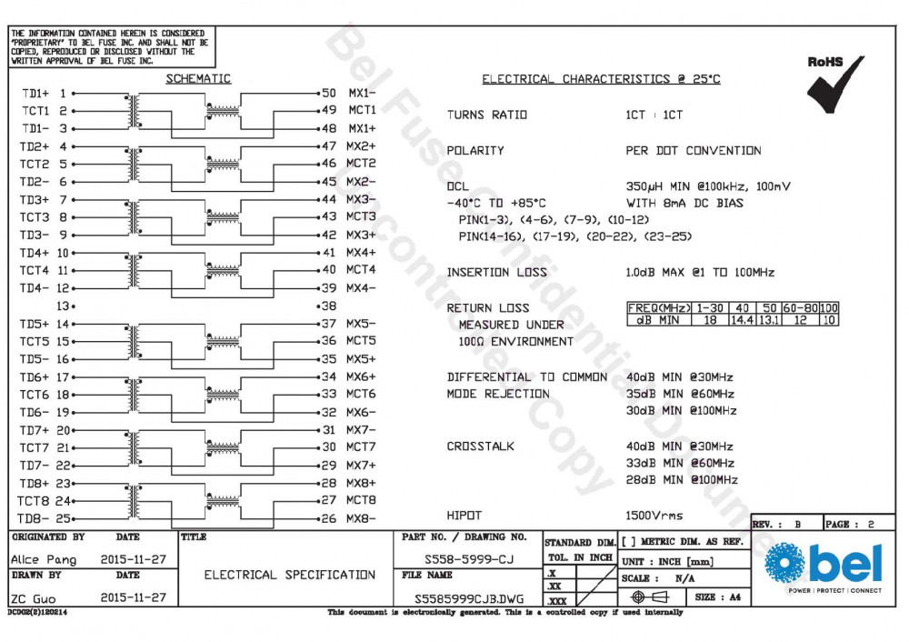 Bel Fuse S558-5999-CJ electrical specification drawing