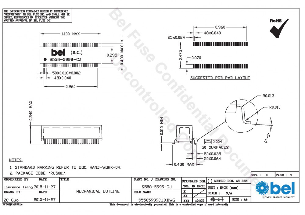 Bel Fuse S558-5999-CJ mechanical outline drawing
