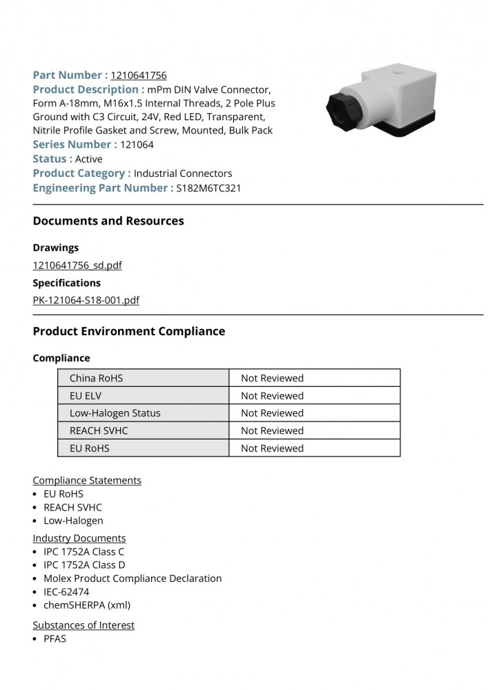 Molex DIN Valve Series S18 packaging specification page preview 1