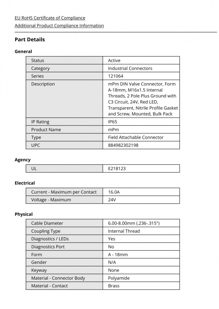 Molex DIN Valve Series S18 packaging specification page preview 2