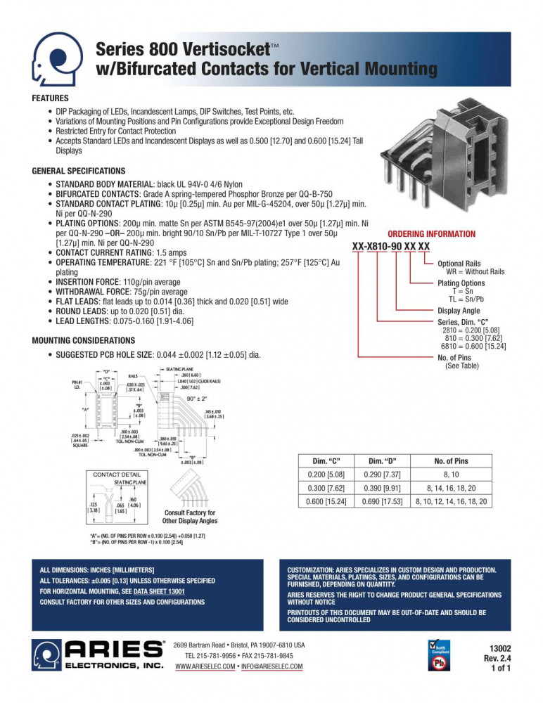 Aries Electronics model 13002 datasheet page