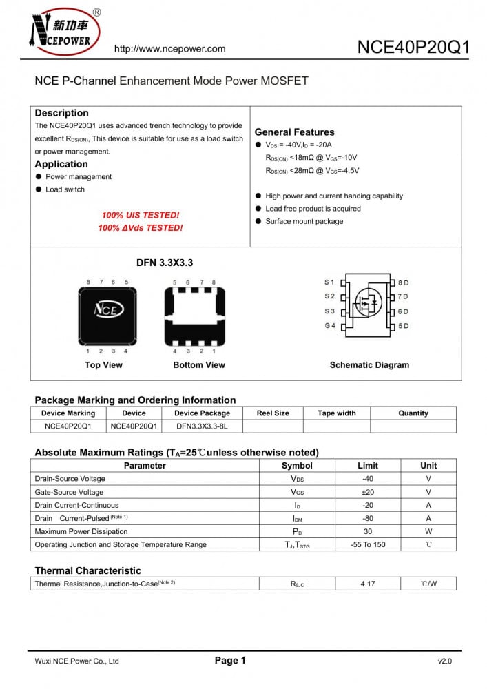 NCE40P20Q1 datasheet page 1