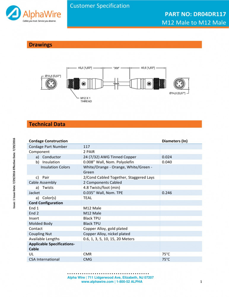 Alpha Wire DR04DR117 TL359 technical drawing page 1