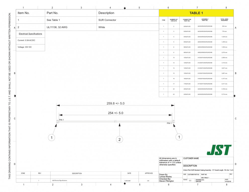 JST SUR connector assembly drawing preview