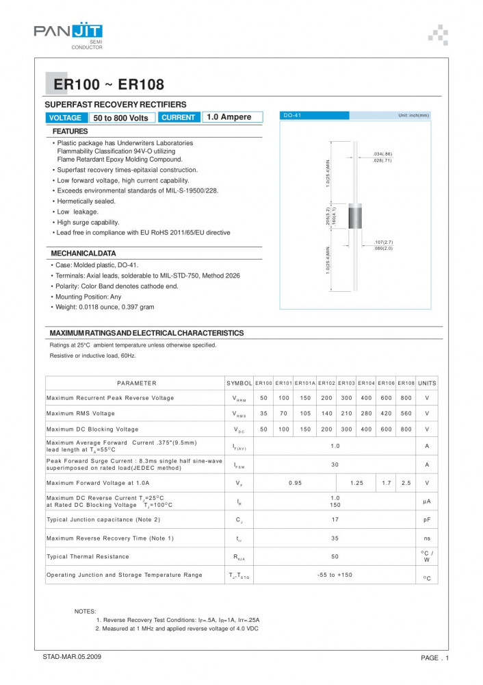 PANJIT ER100 to ER108 datasheet page 1