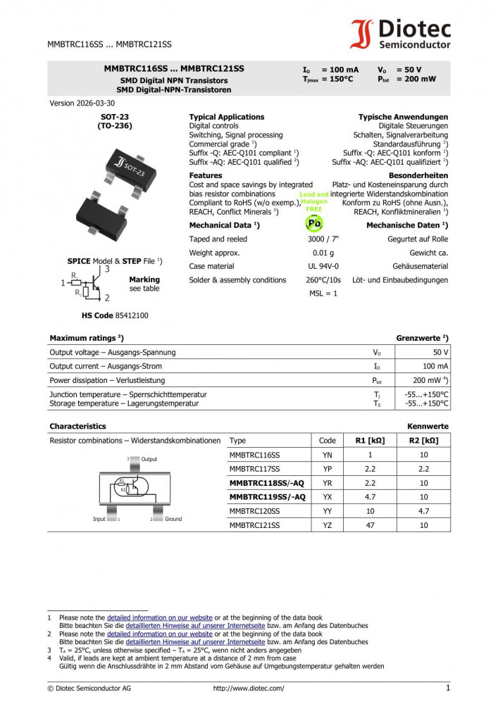 DIOTEC MMBTRC118SS datasheet page 1