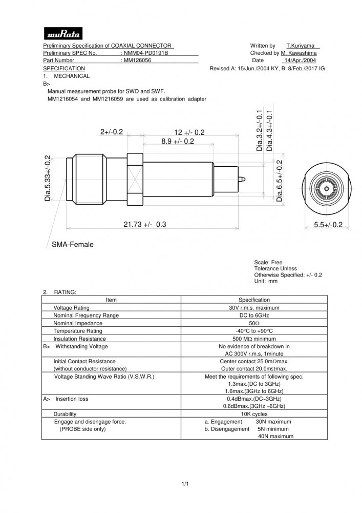 MM126056 coaxial connector specification drawing