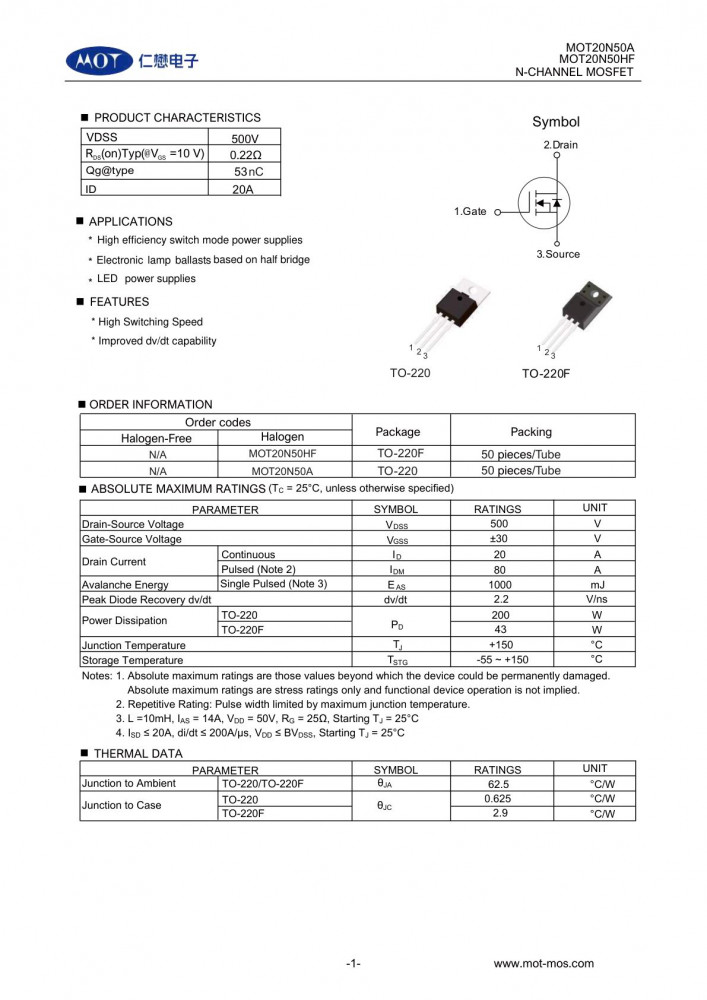 MOT20N50HF datasheet page 1