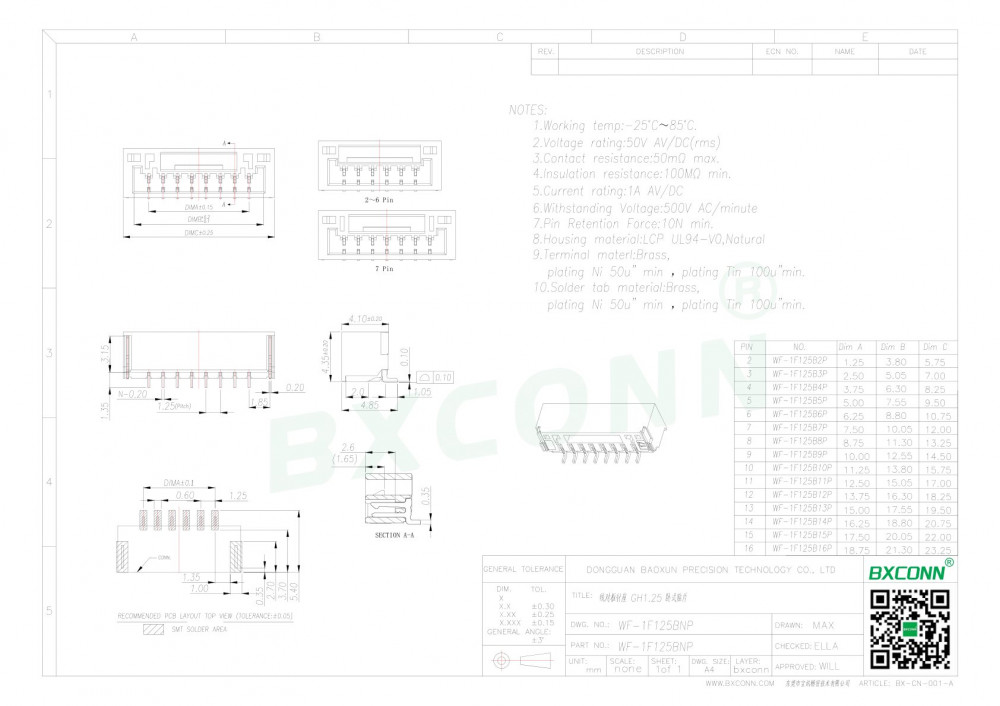 WF-1F125BxP product drawing, page 1