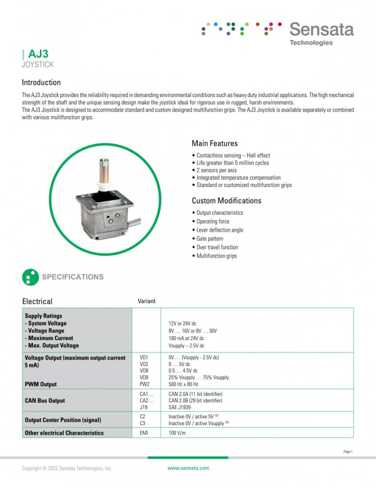 Sensata AJ3 joystick document page 1