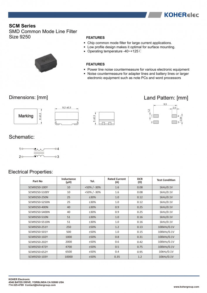 SCM series 9250 dimensions and electrical properties