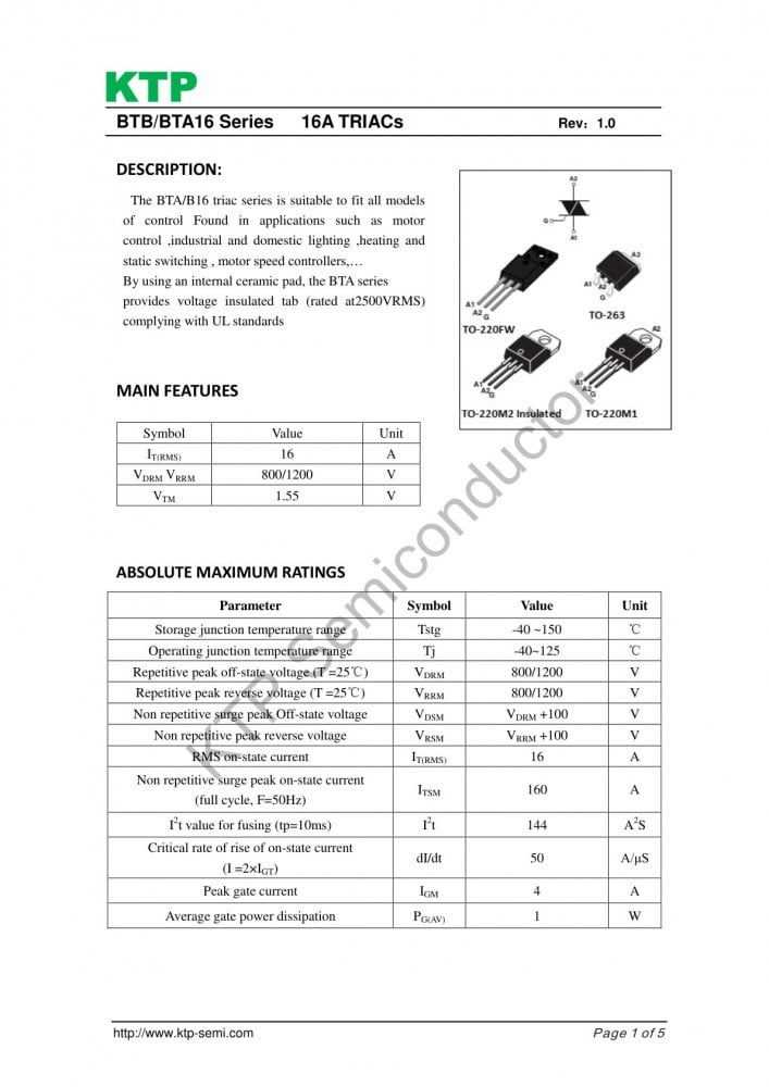 BTB16-800BW(KTP) datasheet page 1