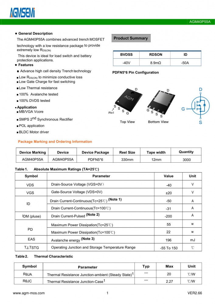 AGM40P55A datasheet page 1