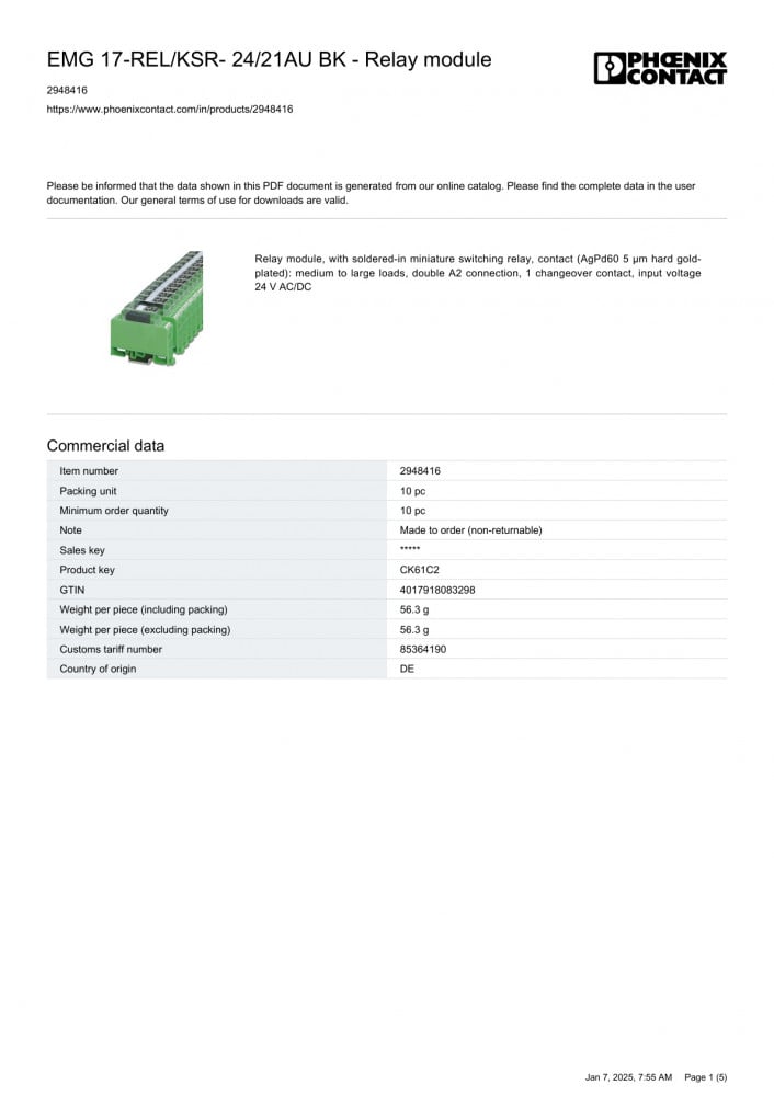 Phoenix Contact 2948416 document page 1