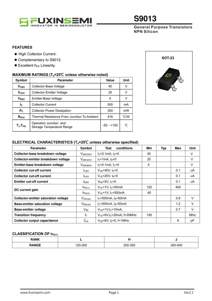 S9013 datasheet page 1