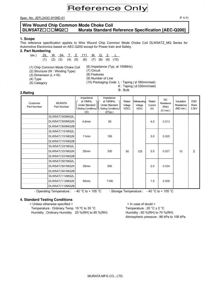 DLW5ATZ112MQ2L specification page 1